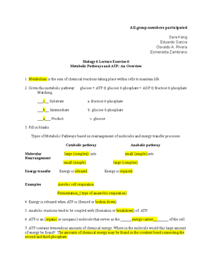 Biology 6 Lecture Exercise 1 - Biology 6 Lecture Exercise 1 Life and Science Names: Esmeralda ...