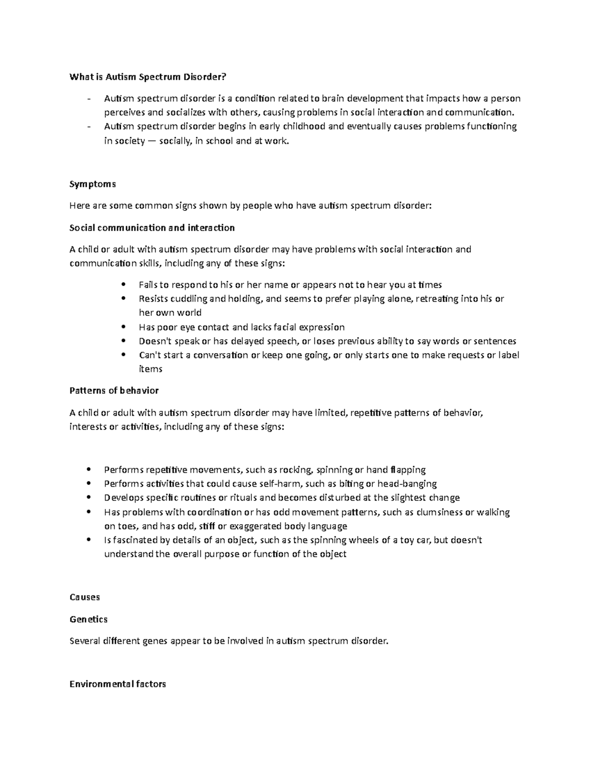 Kath Report ASD - Lecture notes 1 - What is Autism Spectrum Disorder ...