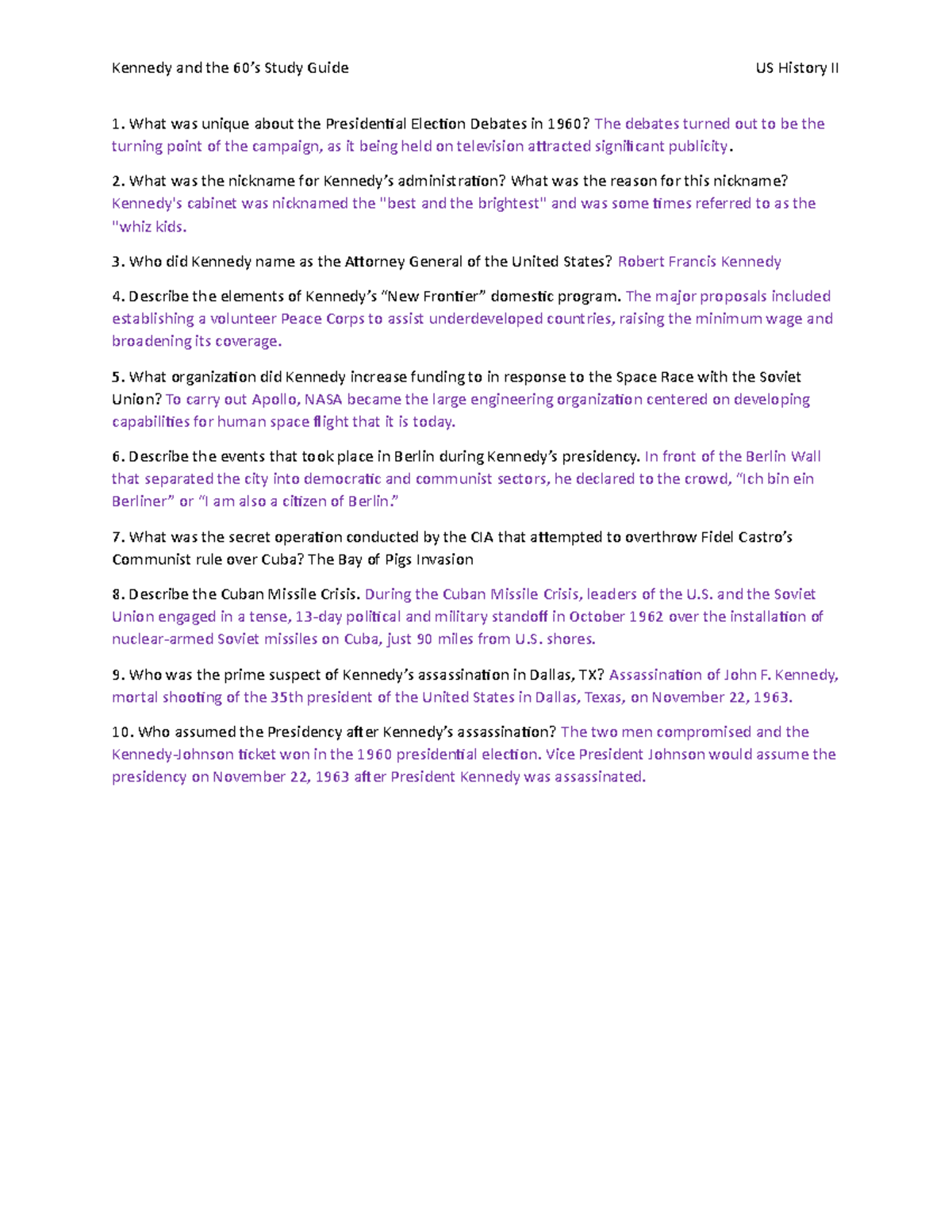 JFK Study Guide A 2 - John F. Kennedy was the 35th President of the ...