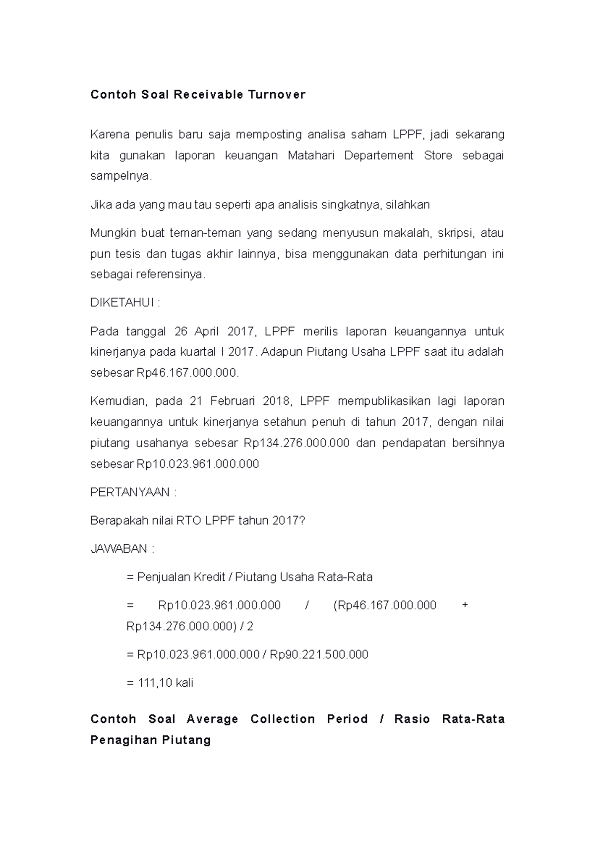 Contoh Soal Receivable Turnover - Contoh Soal Receivable Turnover ...