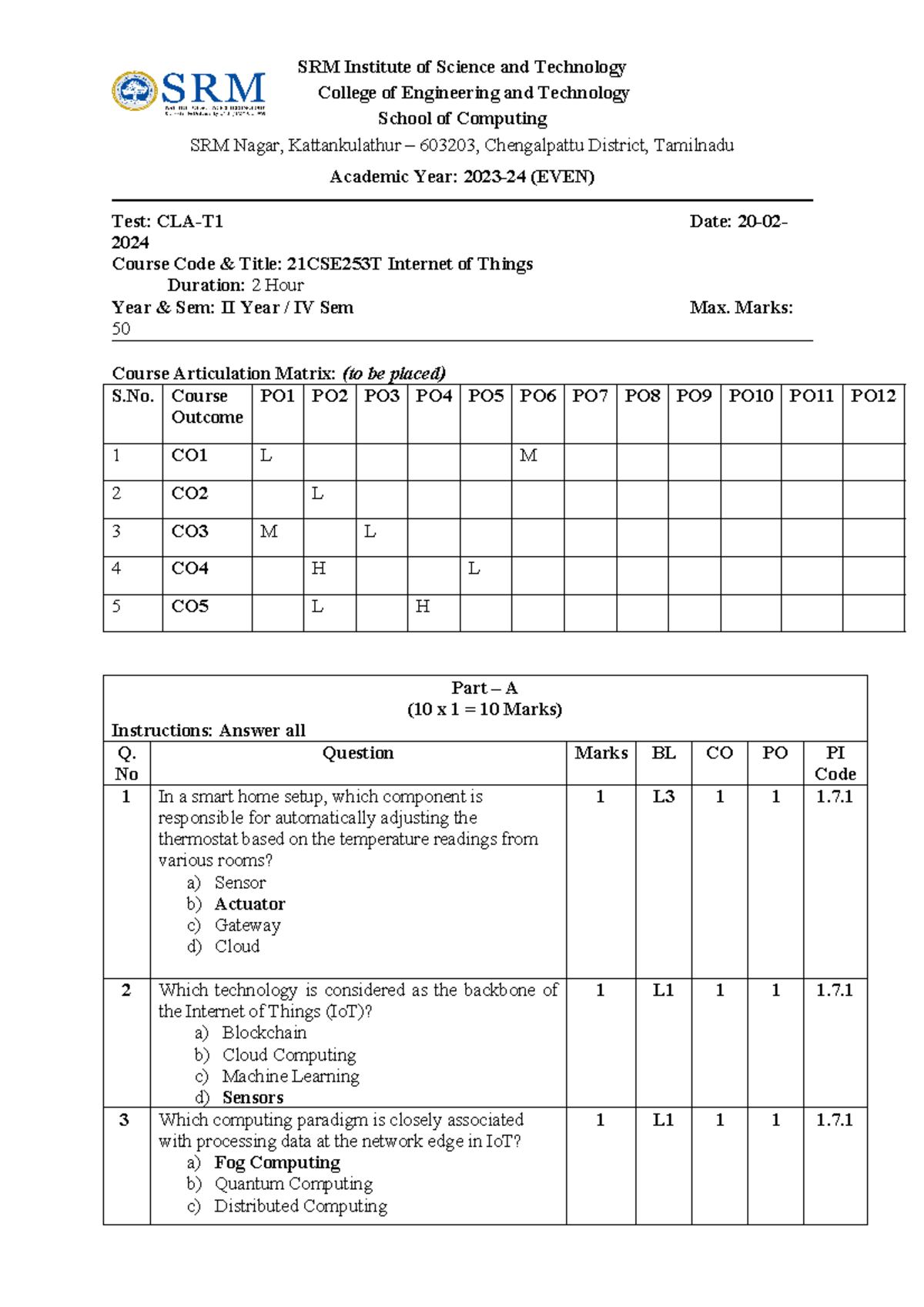 IOT CT 1 SET B KEY - CT question paper - SRM Institute of Science and ...