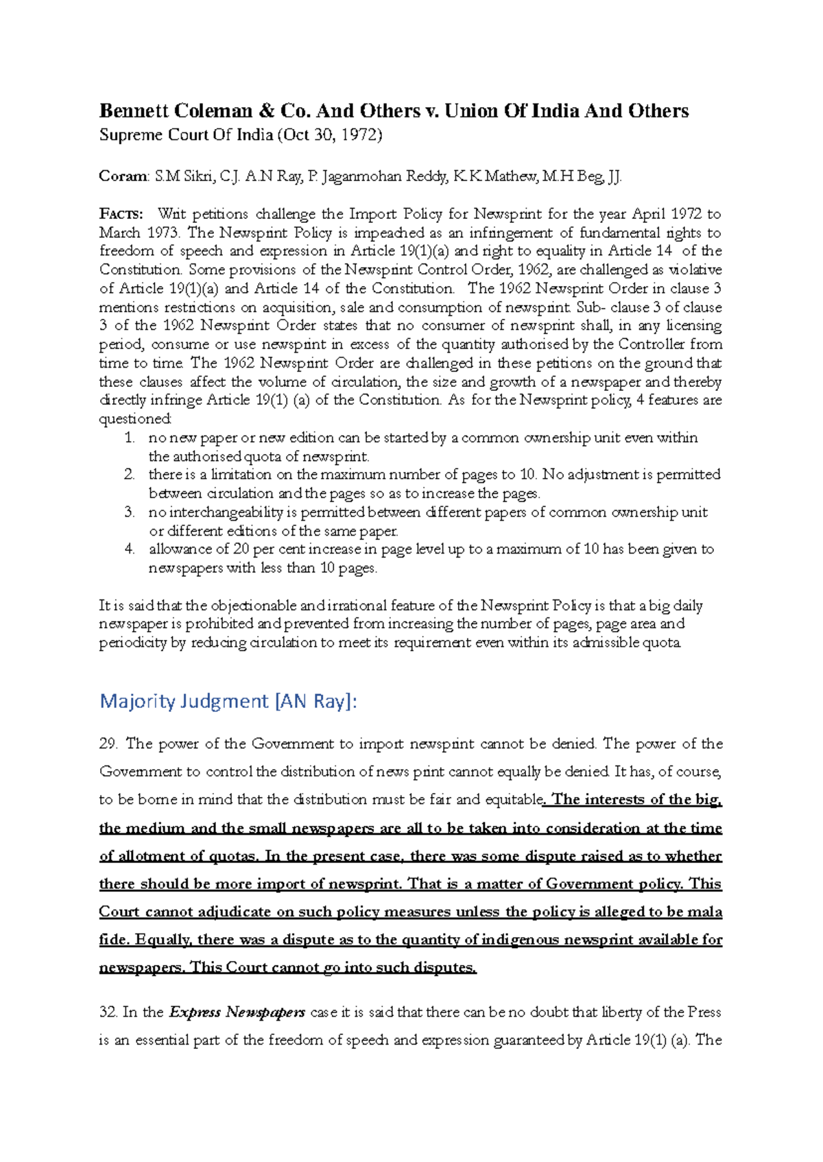 Bennett Coleman - And Others v. Union Of India And Others Supreme Court ...