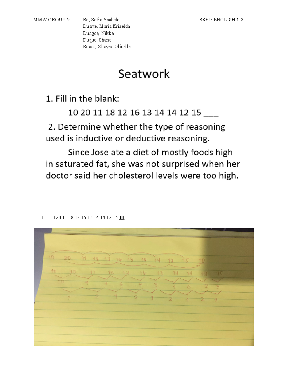 MMW Seat work (Nature of Mathematical Reasoning) - MMW GROUP 6: Bo ...