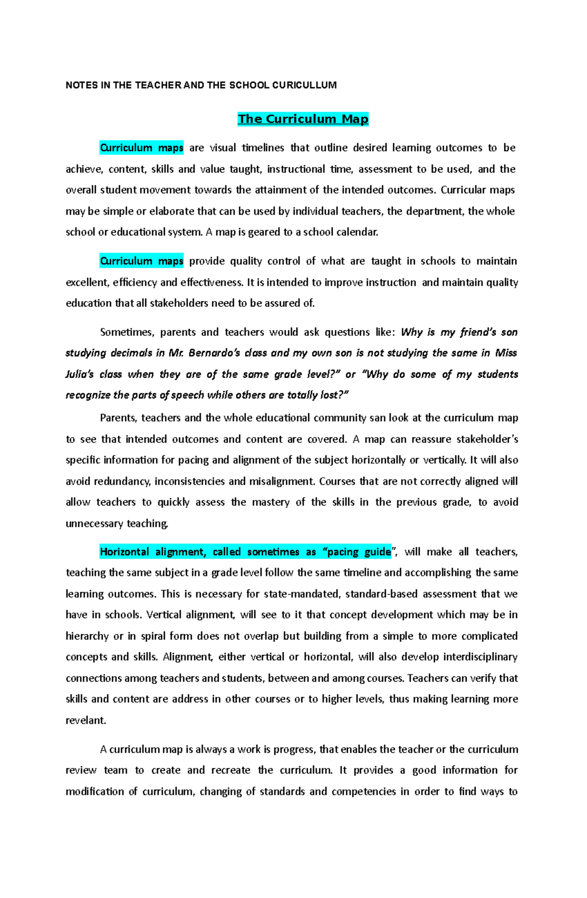 The Curriculum Map - Lecture notes in Facilitating learner-centered ...