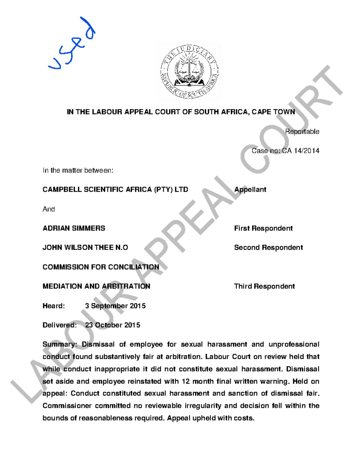 62 - case - IN THE LABOUR APPEAL COURT OF SOUTH AFRICA, CAPE TOWN ...