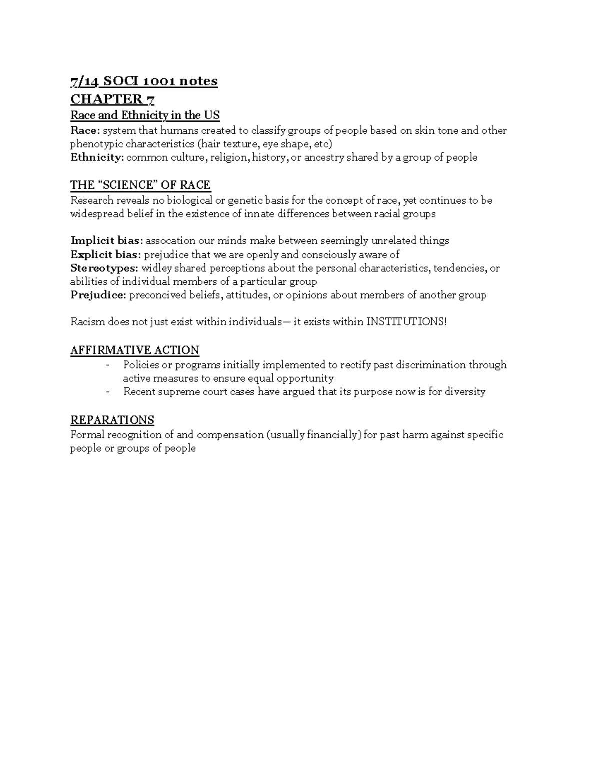 7 14 CH. 7 SOCI 1001 notes - 7/14 SOCI 1001 notes CHAPTER 7 Race and ...