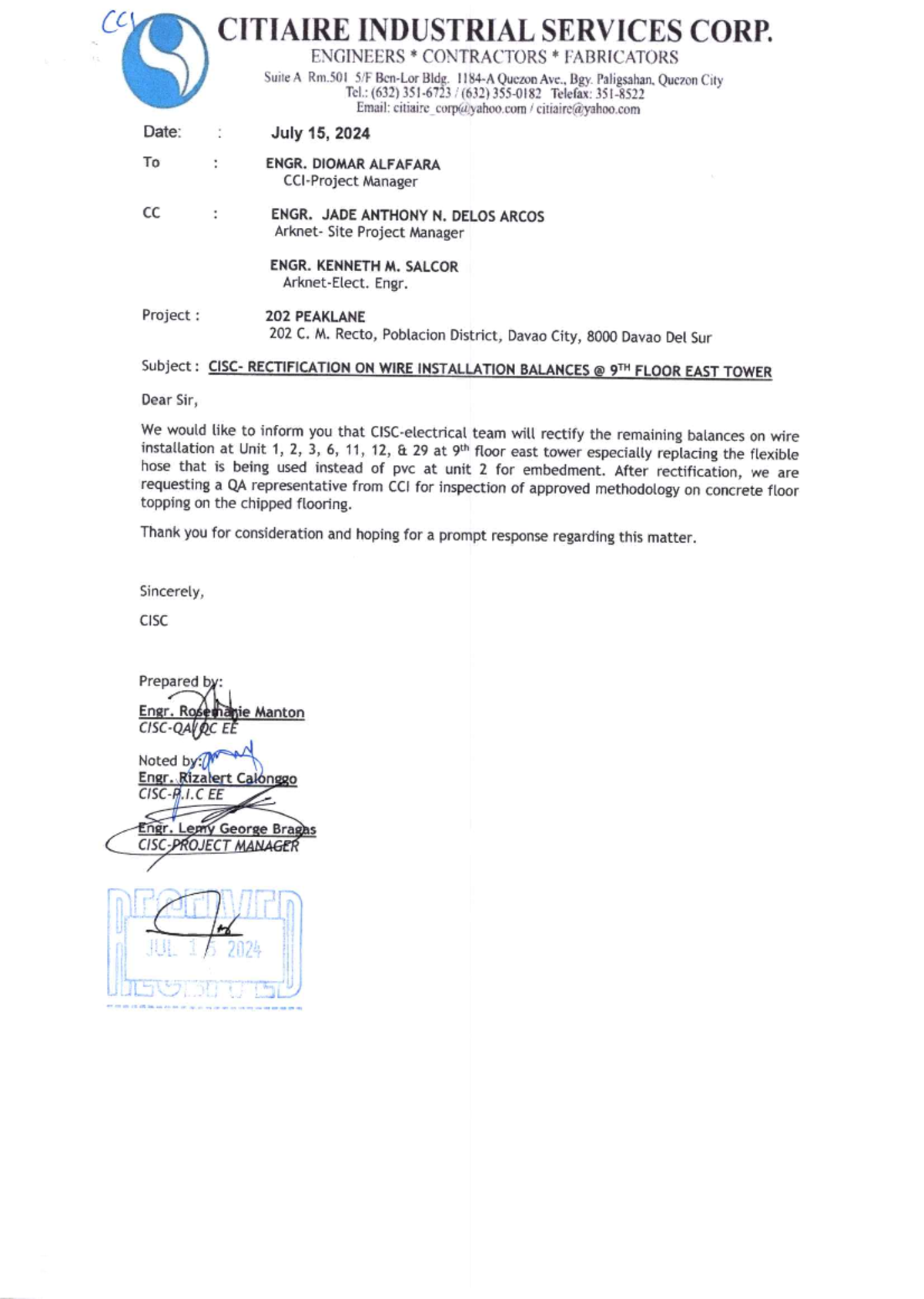 CISC- Rectification ON WIRE Installation Balances @ 9TH Floor EAST ...