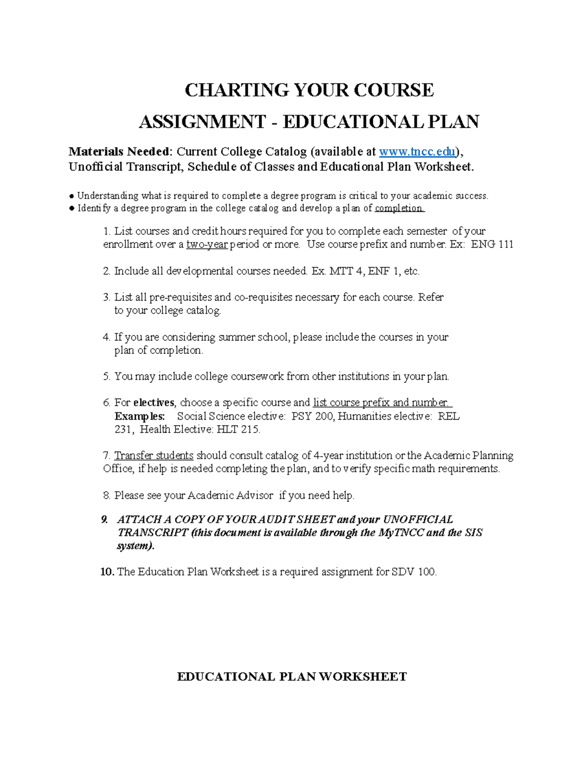 Educational plan for SDV 100 - CHARTING YOUR COURSE ASSIGNMENT ...