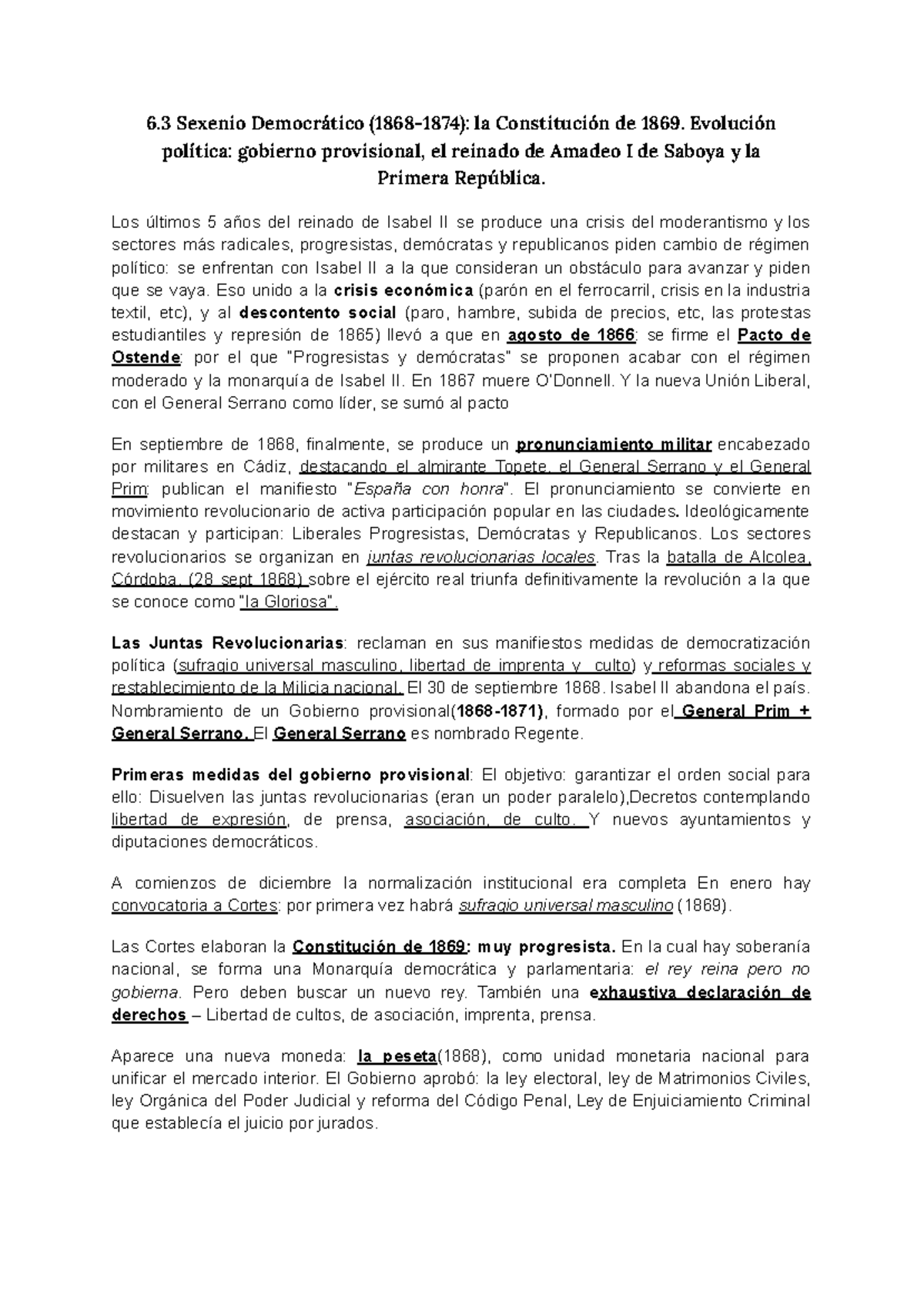 Tema 4 6.3 Sexenio Democrático (1868-1874) la Constitución de 1869. Evolución política gobierno ...