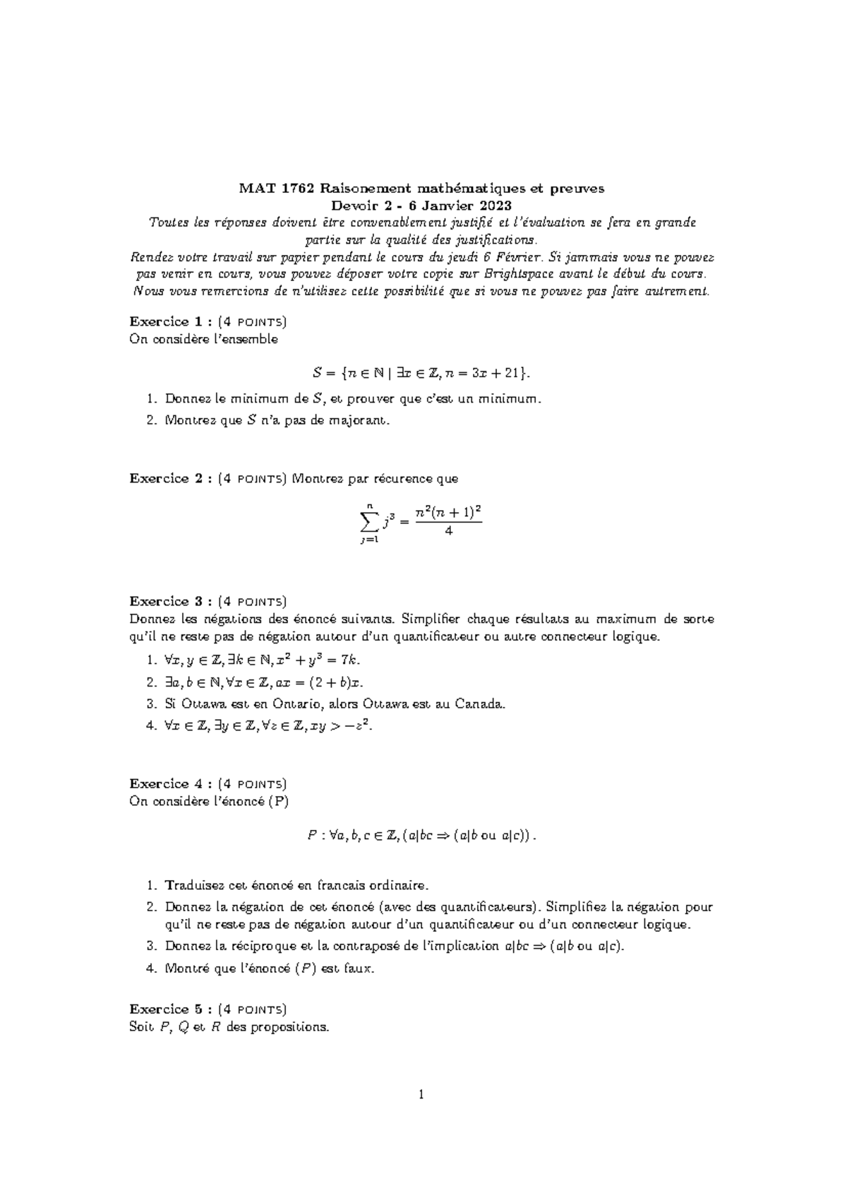 D2 math 1762 - assignment - MAT 1762 Raisonement math ́ematiques et preuves Devoir 2 - 6 Janvier ...
