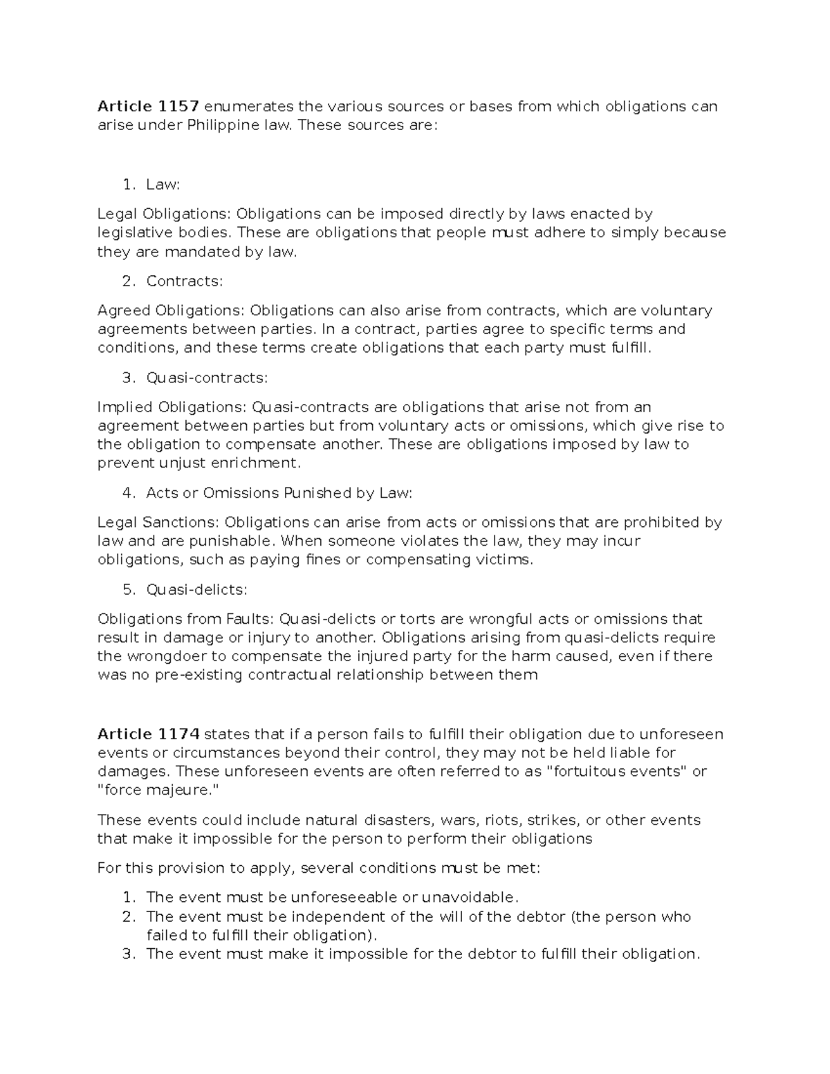 ObliCon Article Notes - Article 1157 enumerates the various sources or ...