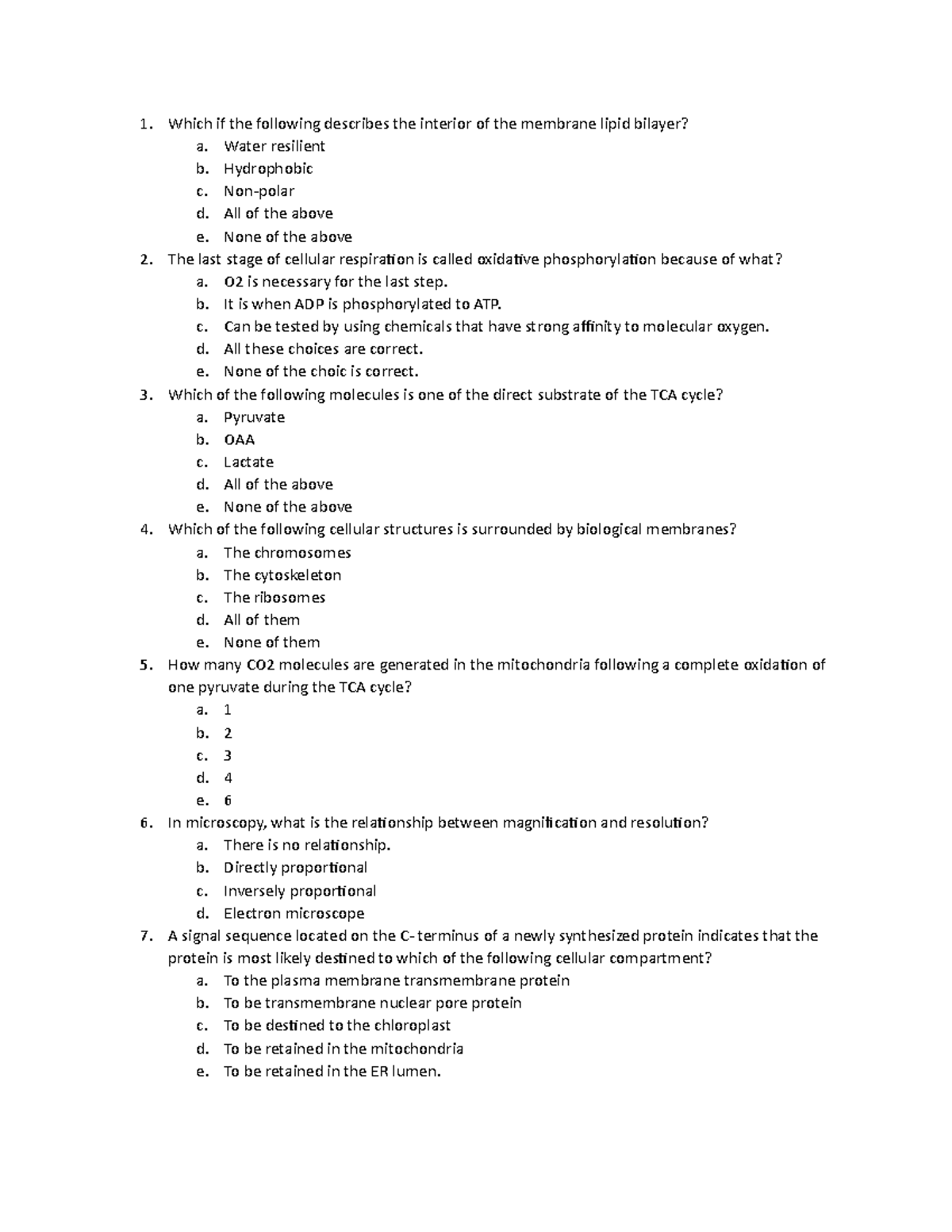 Biology 4 - List of practice problems from cell structure and functions ...