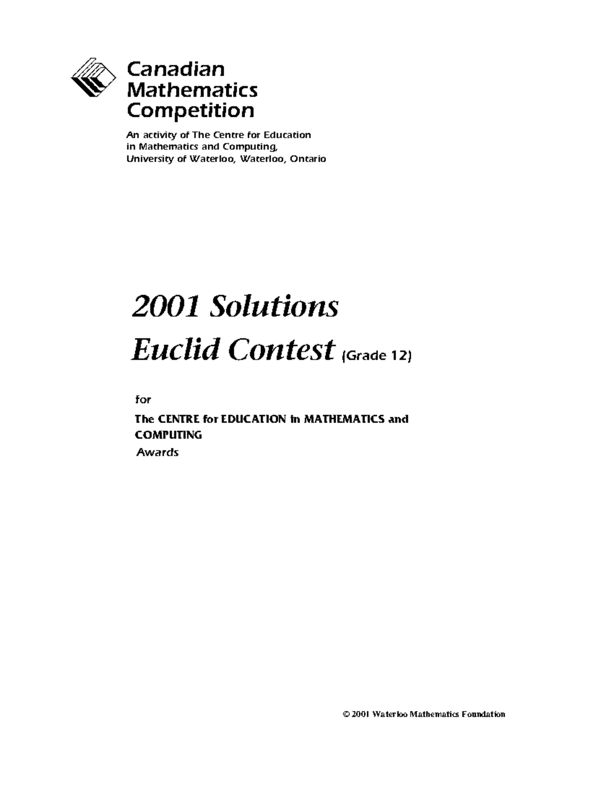 2001 Euclid Solution - 2001 Solutions Euclid Contest (Grade 12) for ...