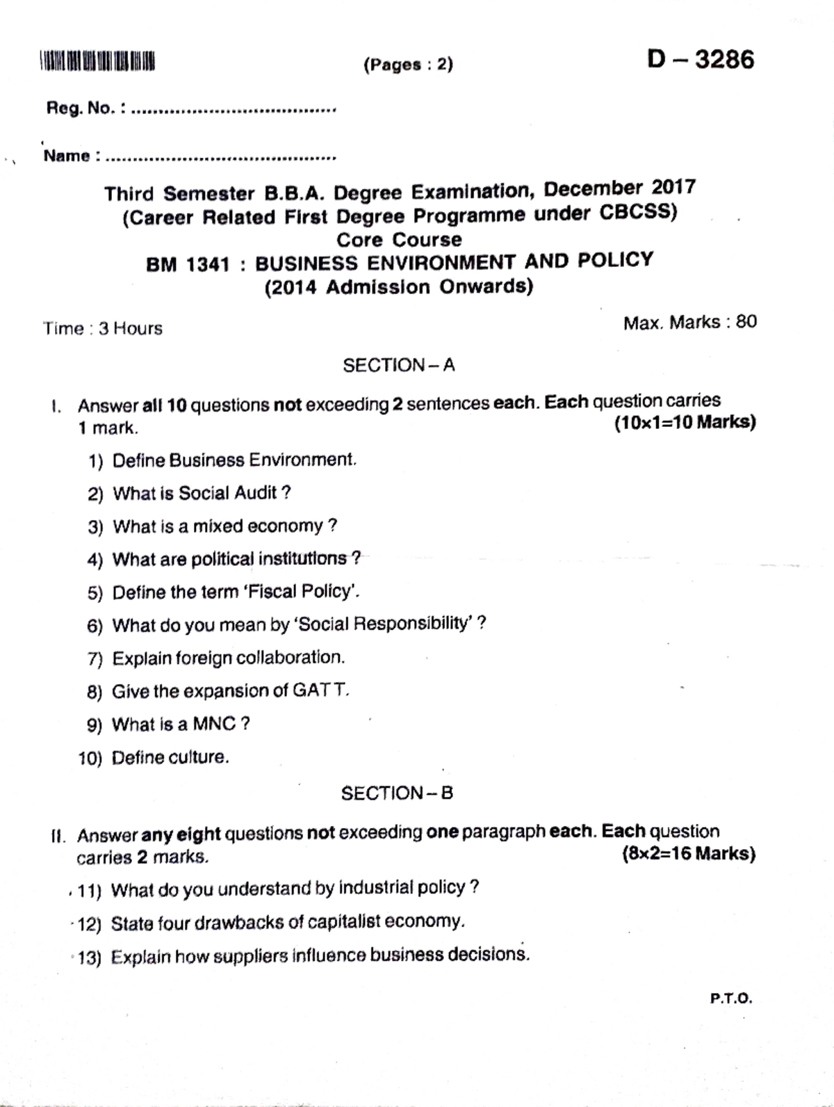 Business Environment and policy Previous question paper BM 1341 D-3286 ...