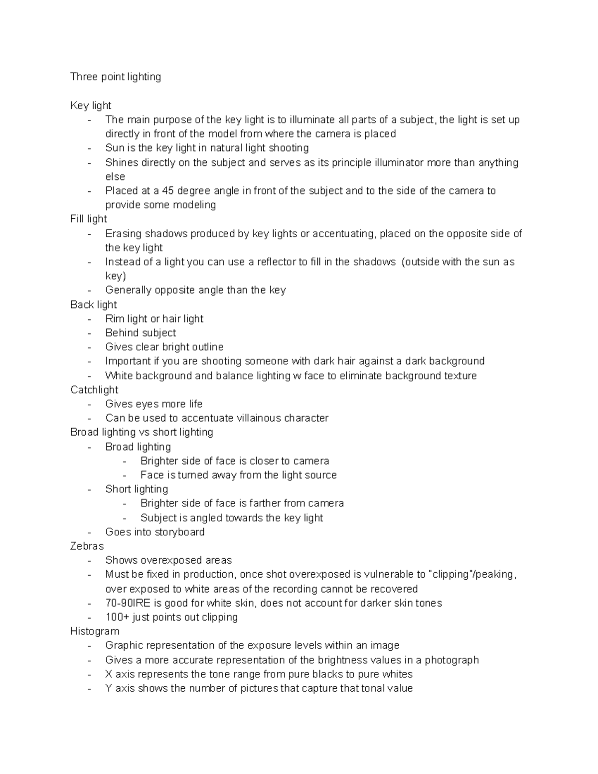 Cinematography Three Point Lighting Notes - Three point lighting Key ...