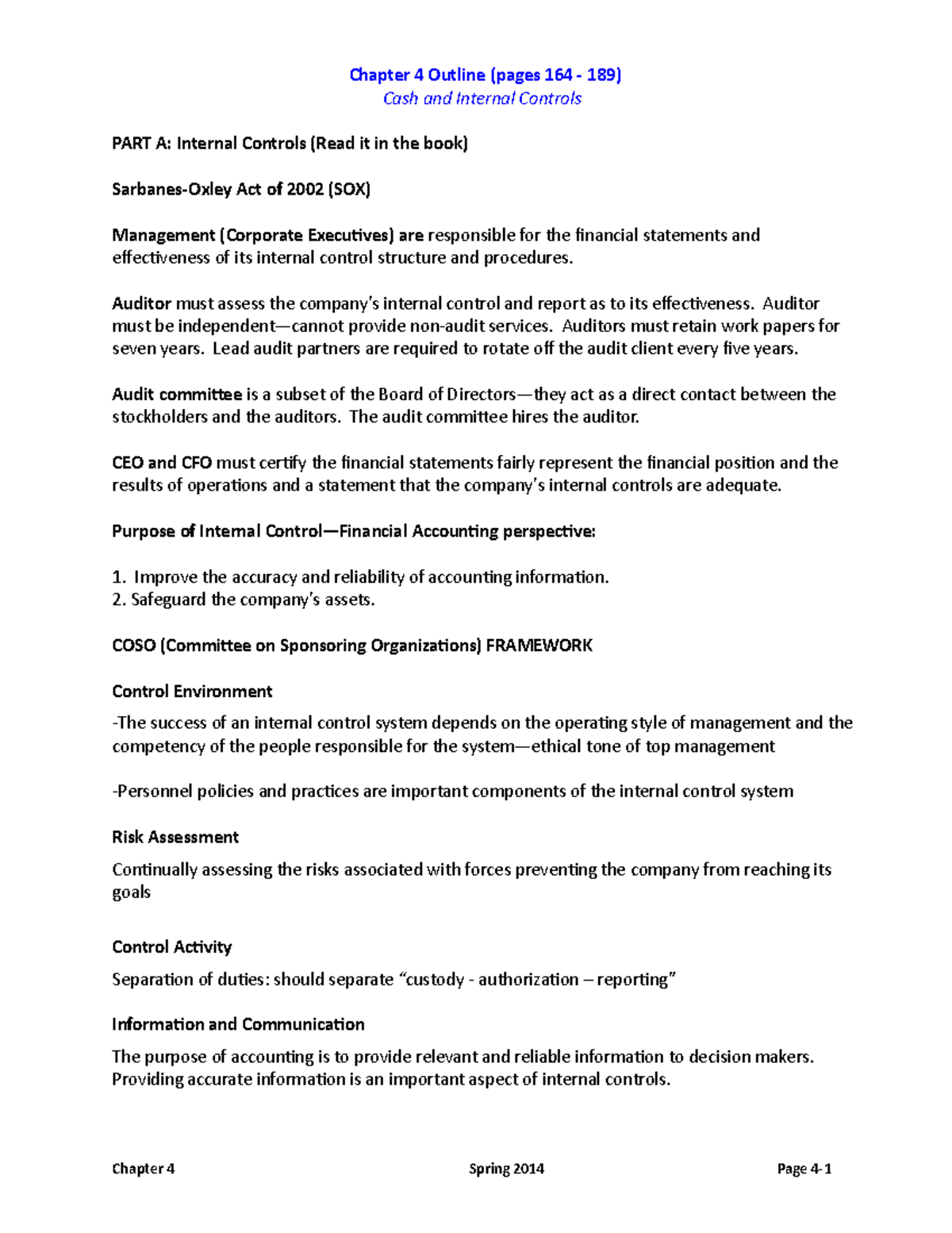 Chapter 4 Notes - Chapter 4 Outline (pages 164 - 189) Cash and Internal ...