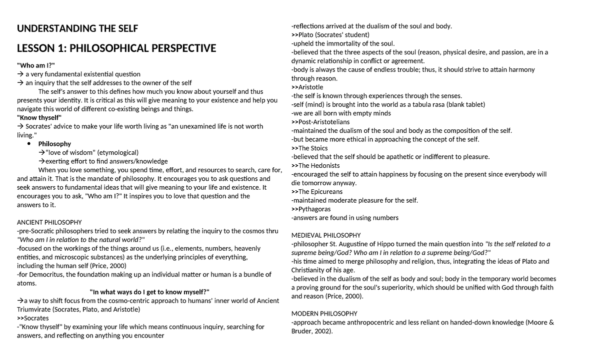 UTS - Midterms Reviewer - UNDERSTANDING THE SELF LESSON 1: PHILOSOPHICAL PERSPECTIVE "Who am ...