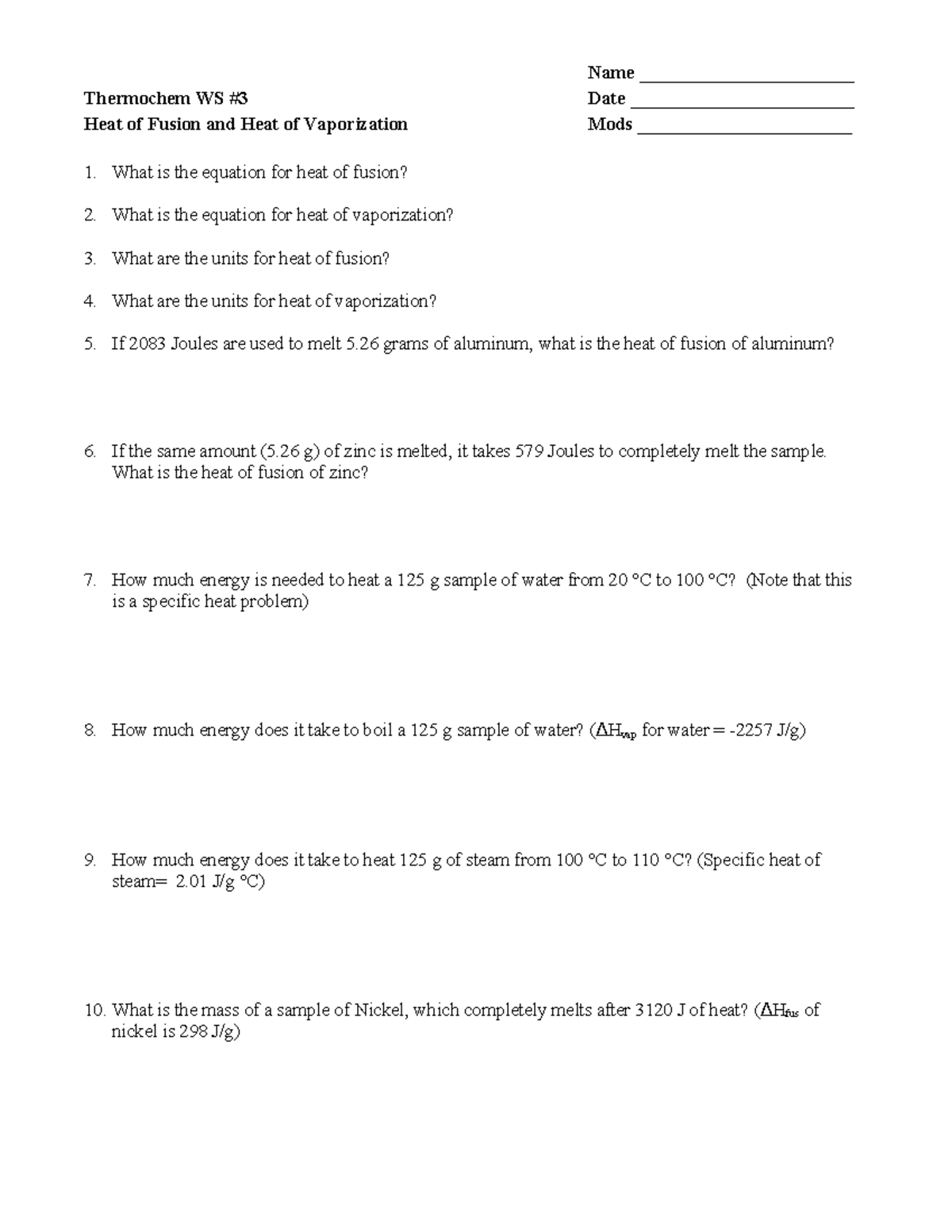 Thermochem worksheet on wednesday - Name ...