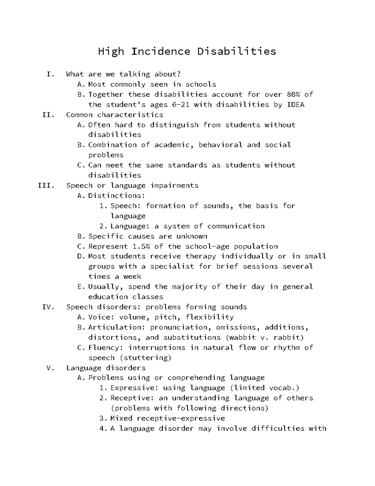 High Incidence Disabilities - High Incidence Disabilities I. II. III ...