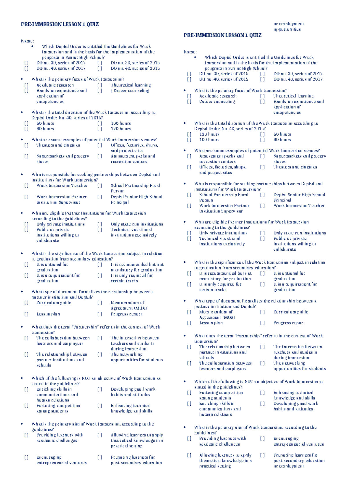 Pre-immersion lesson 1 - Quiz - PRE-IMMERSION LESSON 1 QUIZ Name: - Studocu