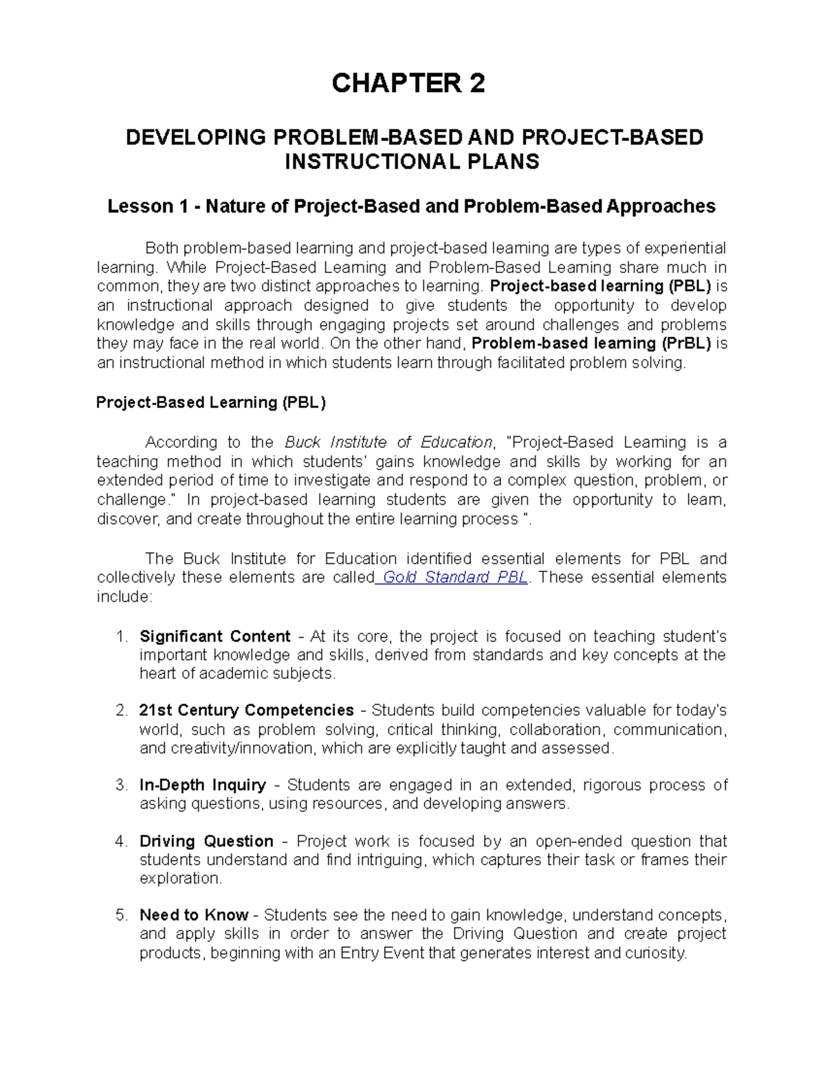 [SCI115] Chapter 2 - Developing PBL and Pr BL Instructional Plans ...