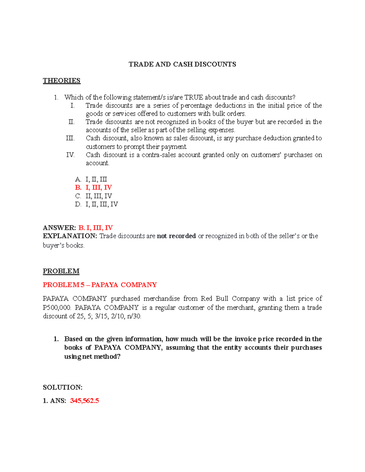 Trade and Cash Discounts - TRADE AND CASH DISCOUNTS THEORIES Which of ...
