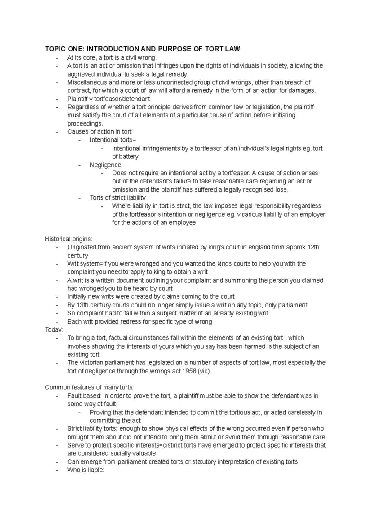 Torts exam notes with practice answers - TOPIC ONE: INTRODUCTION AND ...