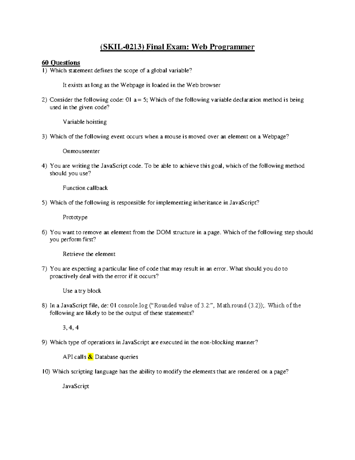 Skillsoft Web Programmer Final Exam - (SKIL-0213) Final Exam: Web ...