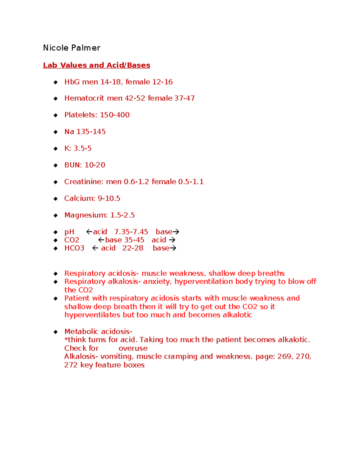 Enrichment exam 1 - Notes - Nicole Palmer Lab Values and Acid/Bases HbG ...