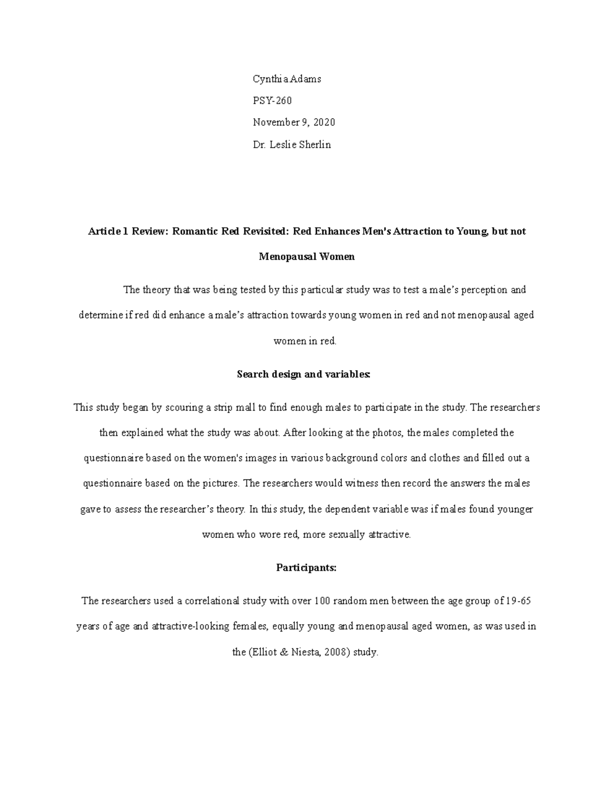 Article Summary - Essay - Cynthia Adams PSY- November 9, 2020 Dr ...