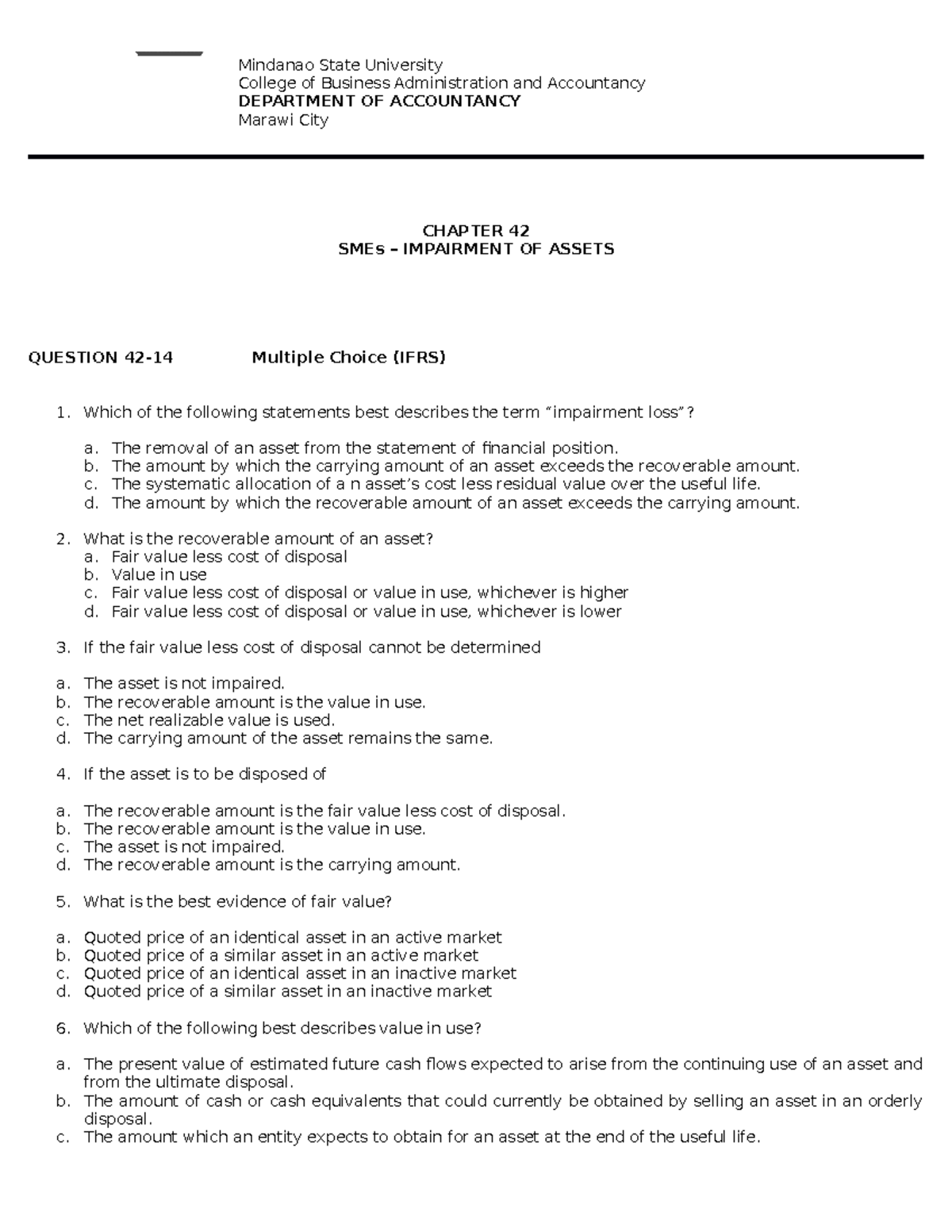 Impairment OF Assets docx - Mindanao State University College of ...