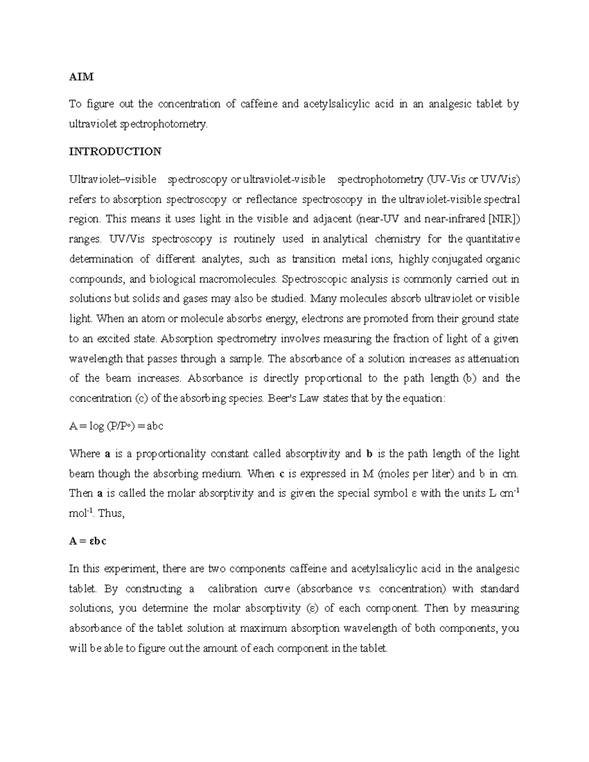 Experiment 7 draft - AIM To figure out the concentration of caffeine ...
