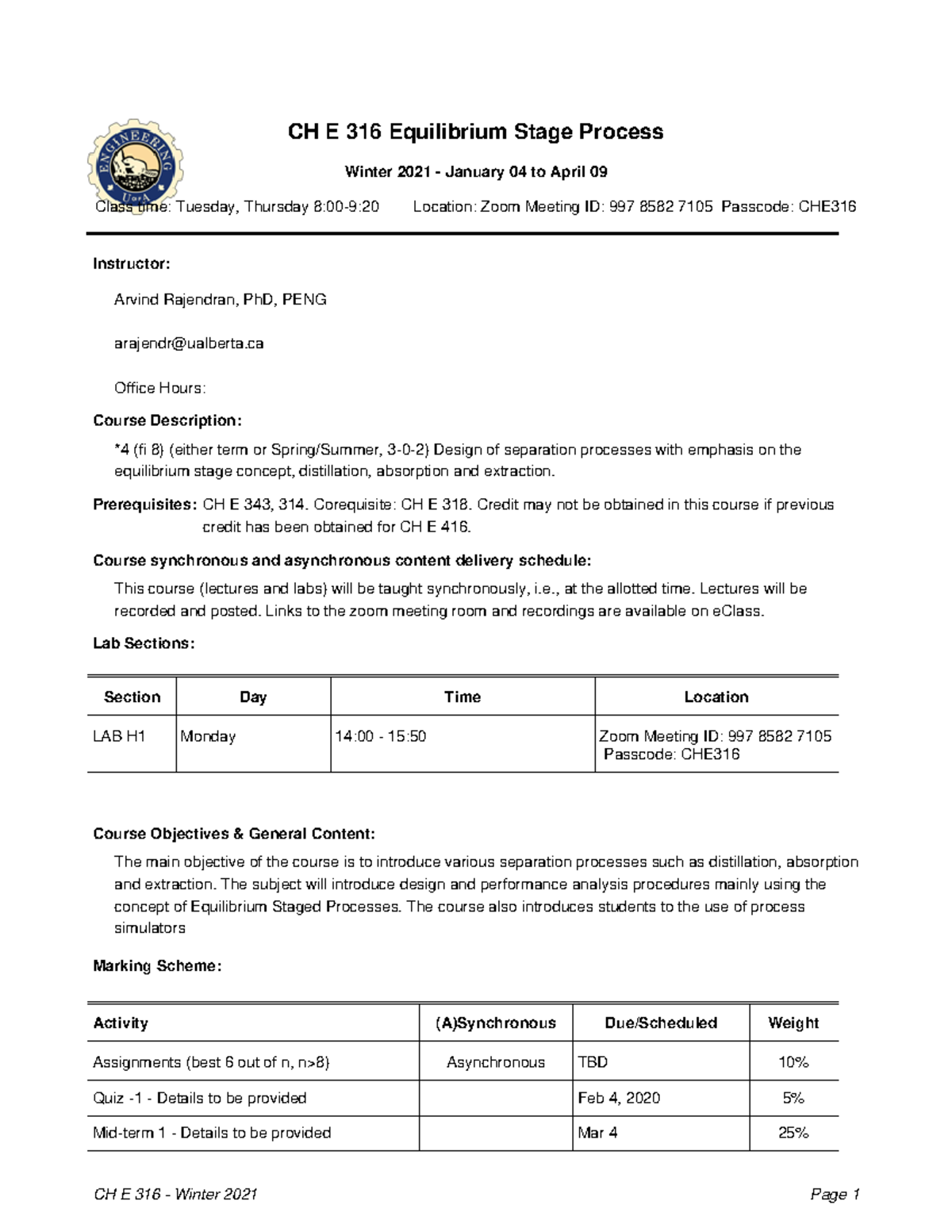 CHE316Course Outline 21J - CH E 316 Equilibrium Stage Process Winter ...