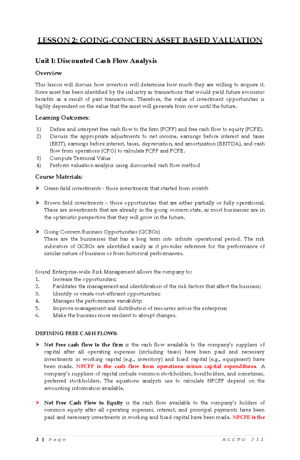 Lesson 2 UNIT 1 (DCF Analysis) - LESSON 2: GOING-CONCERN ASSET BASED ...