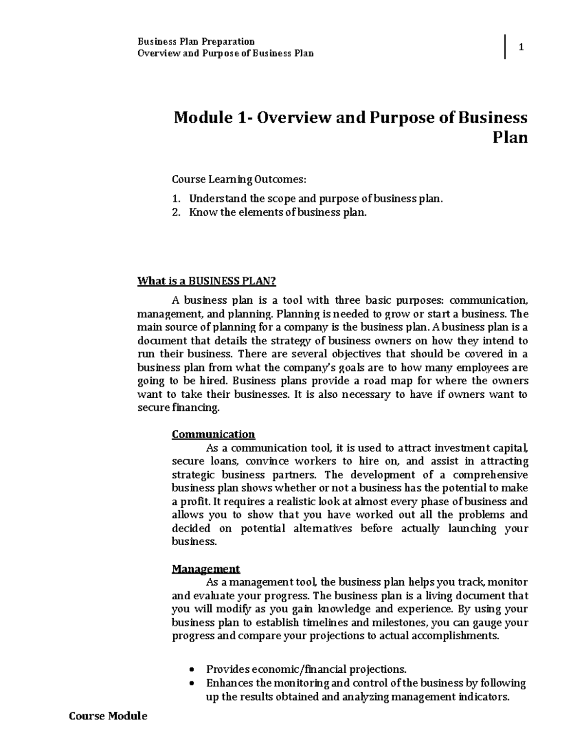 W1 - Overview and Purpose of Business Plan - Module - Overview and ...