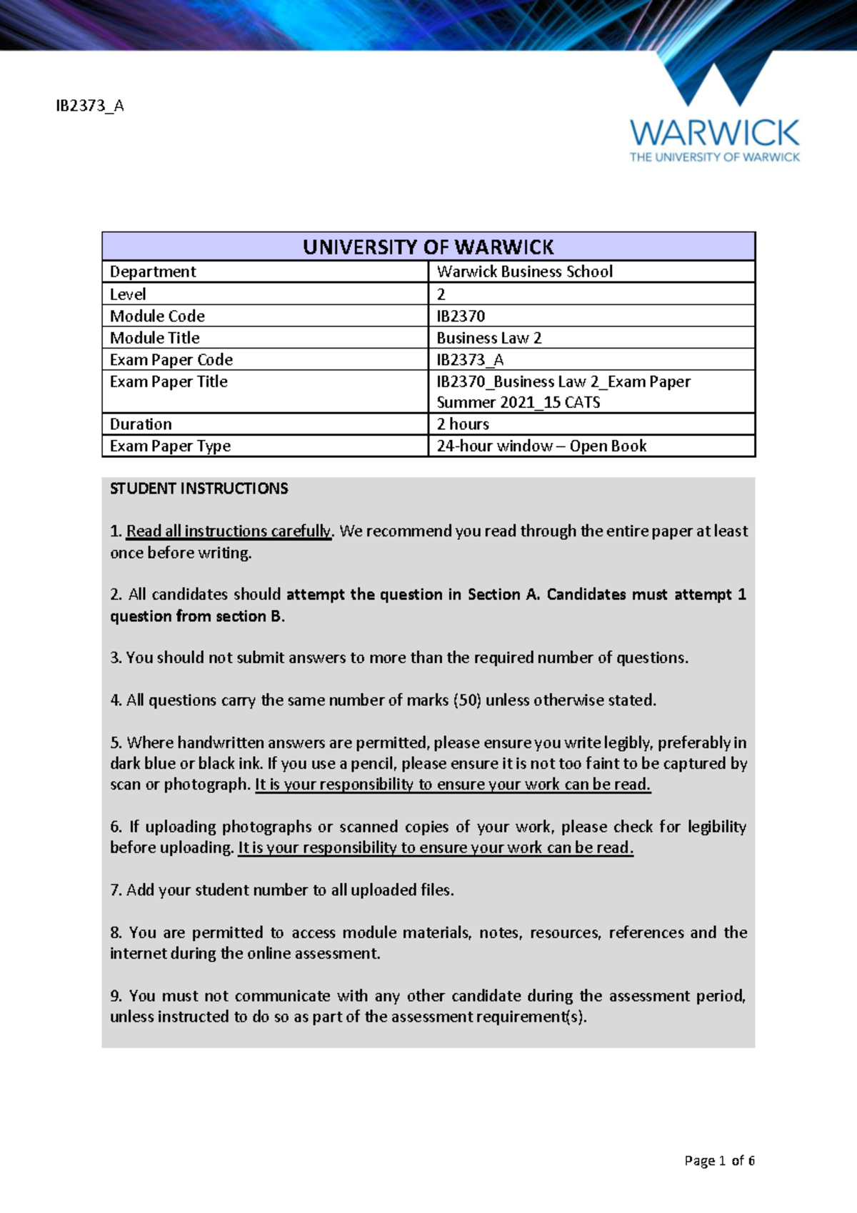 BL2 Past Exam 2021 - UNIVERSITY OF WARWICK Department Warwick Business School Level 2 Module ...