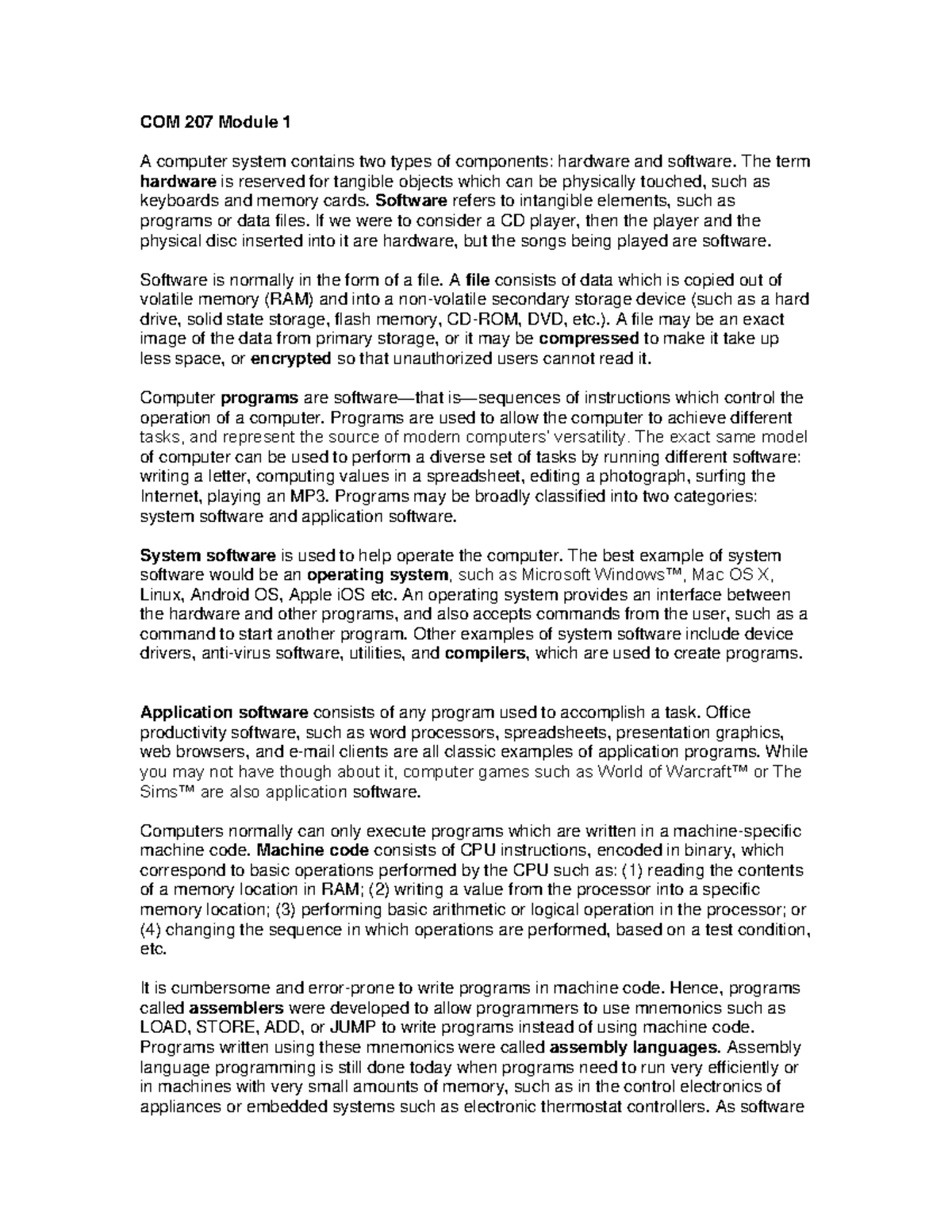 COM207 Module 1 - C++ - COM 207 Module 1 A computer system contains two types of components ...