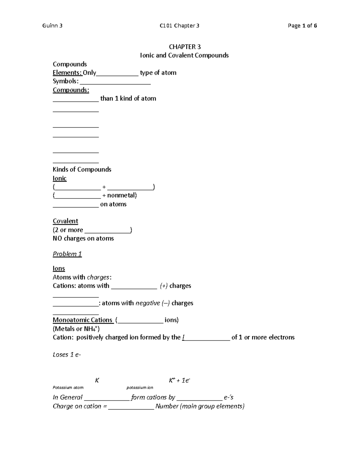 Chapter 3 Notes Ionic and Covalent Compounds F2022 - CHAPTER 3 Ionic ...