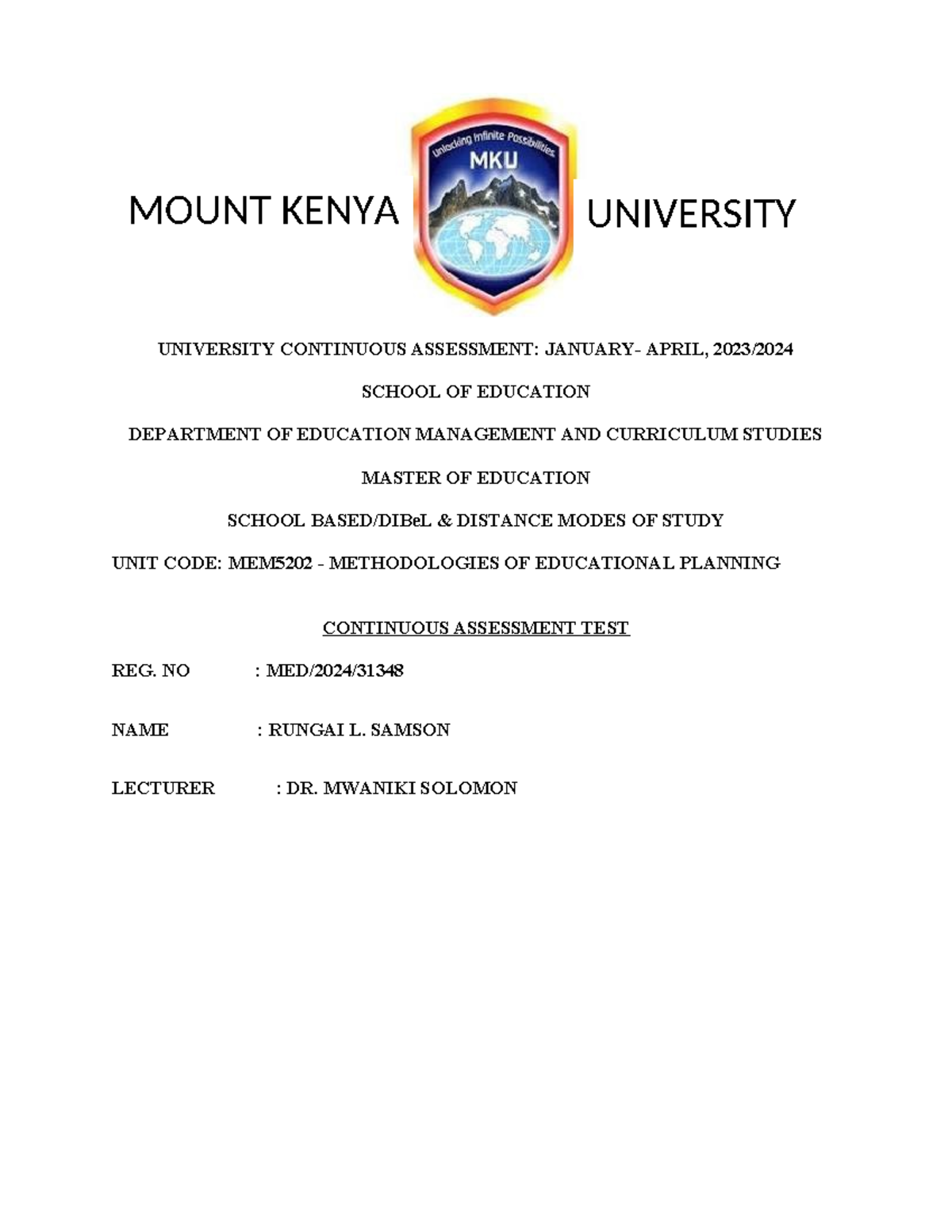 MKU 2 - UNIVERSITY CONTINUOUS ASSESSMENT: JANUARY- APRIL, 2023/ SCHOOL ...