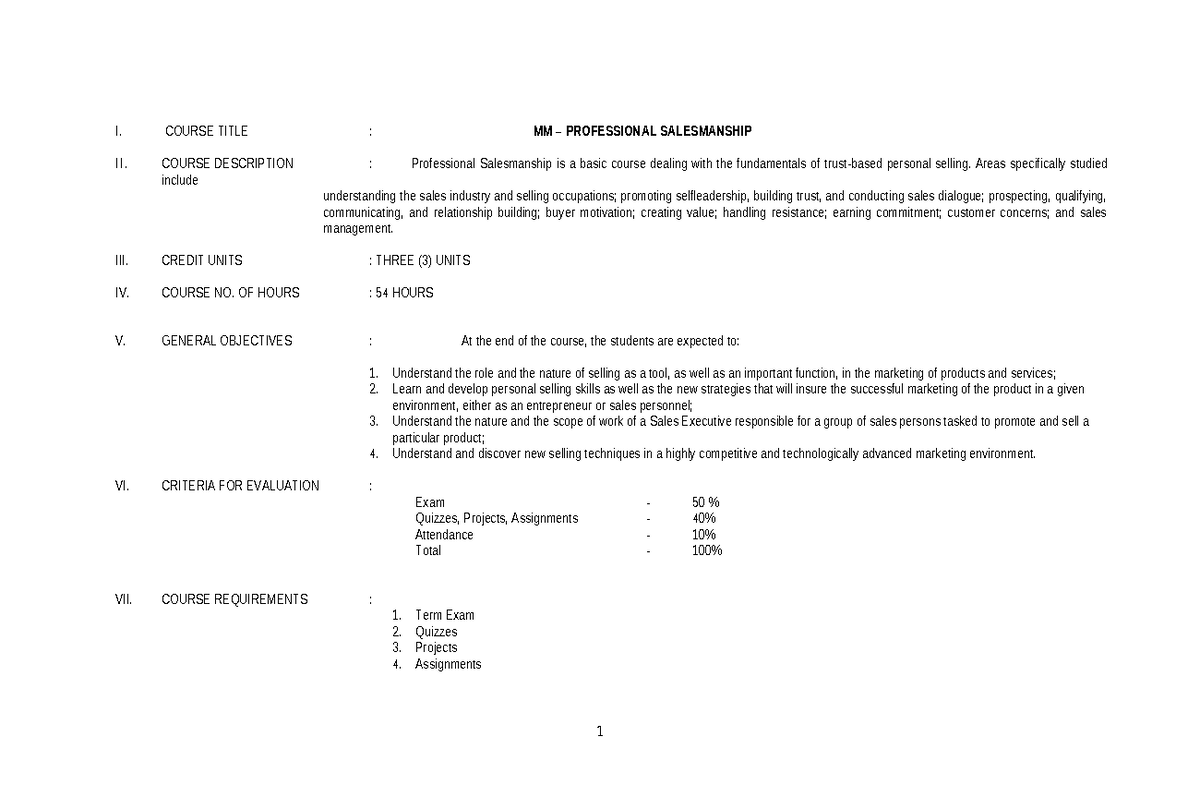 Pdfcoffee - N/A - I. COURSE TITLE : MM – PROFESSIONAL SALESMANSHIP II ...