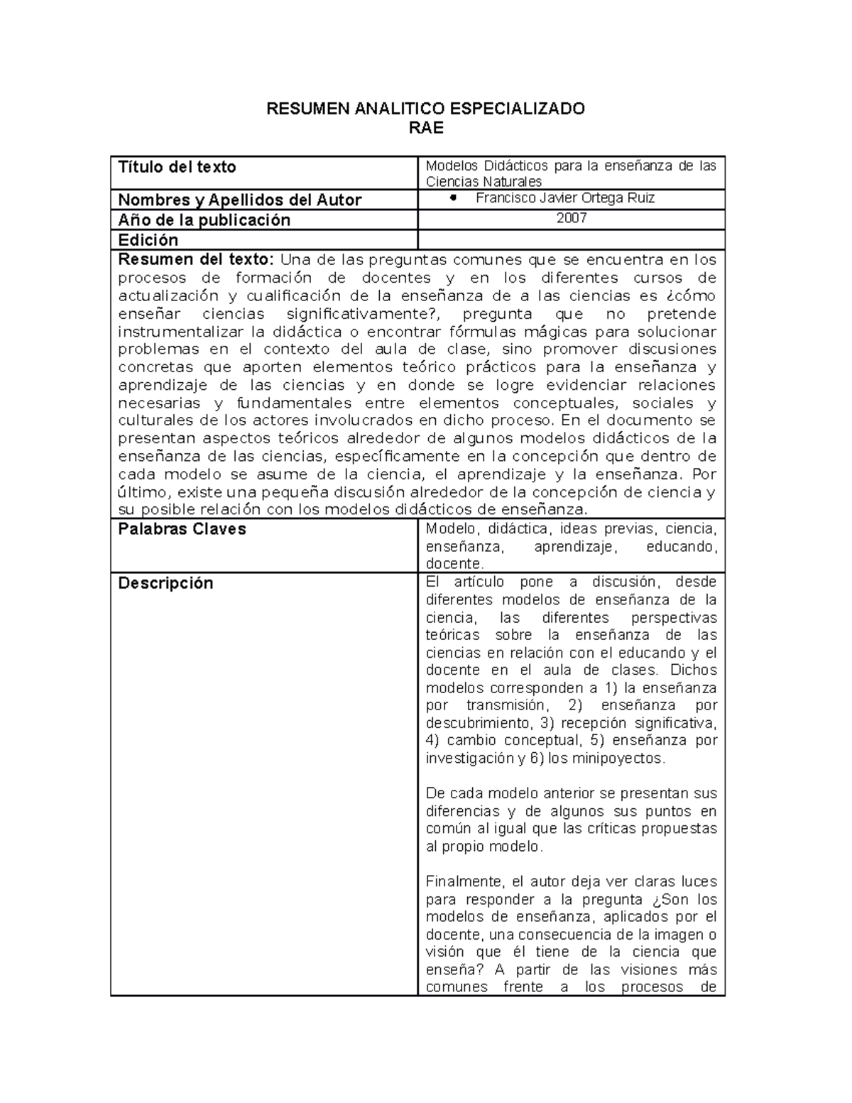 Ficha RAE - RAE - RESUMEN ANALITICO ESPECIALIZADO RAE Título del texto ...