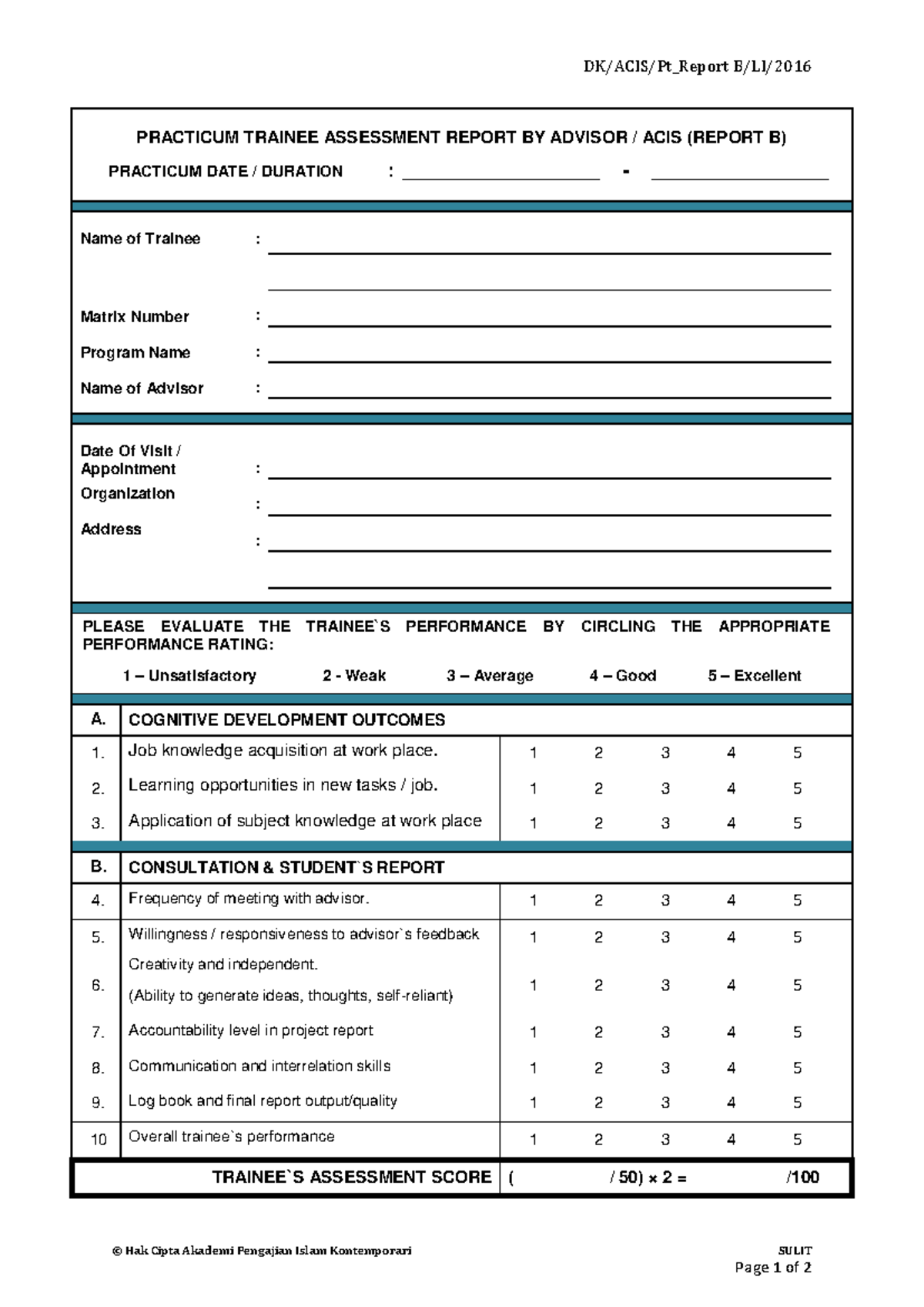 Practicum Trainee Assessment Report BY Advisor - DK/ACIS/Pt_Report B/LI ...