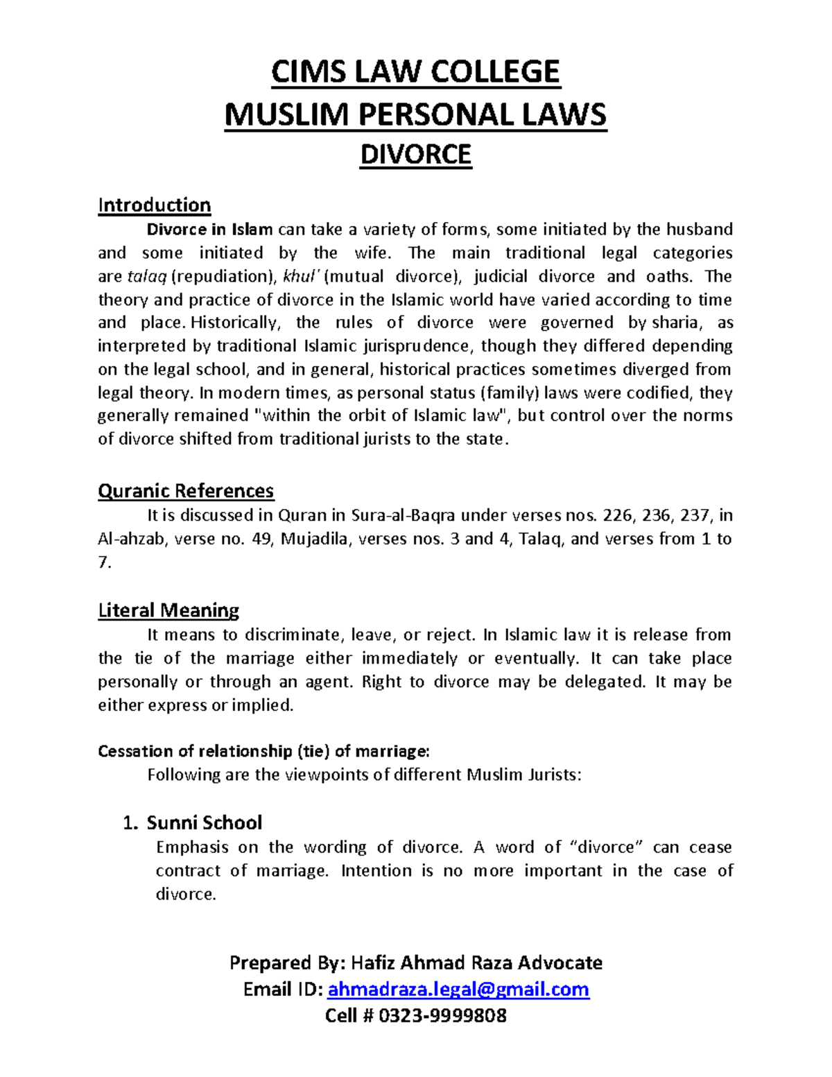 Divorce - MUSLIM PERSONAL LAWS Prepared By: Hafiz Ahmad Raza Advocate ...