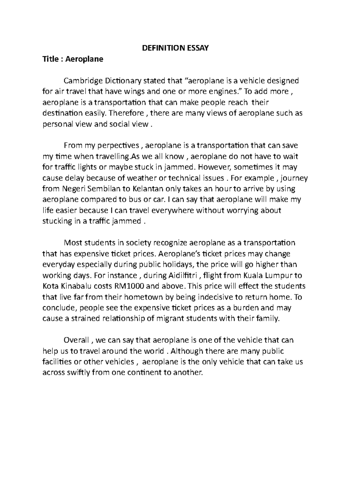 Definiton essay - DEFINITION ESSAY Title : Aeroplane Cambridge ...