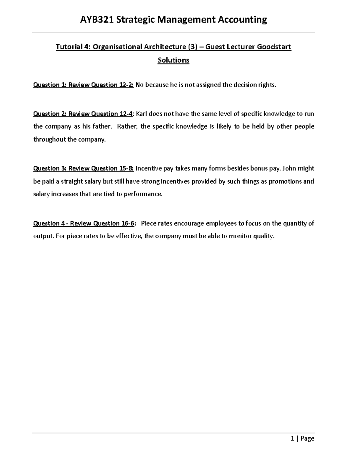 Tutorial 4 BB Solutions - AYB321 - QUT - Studocu