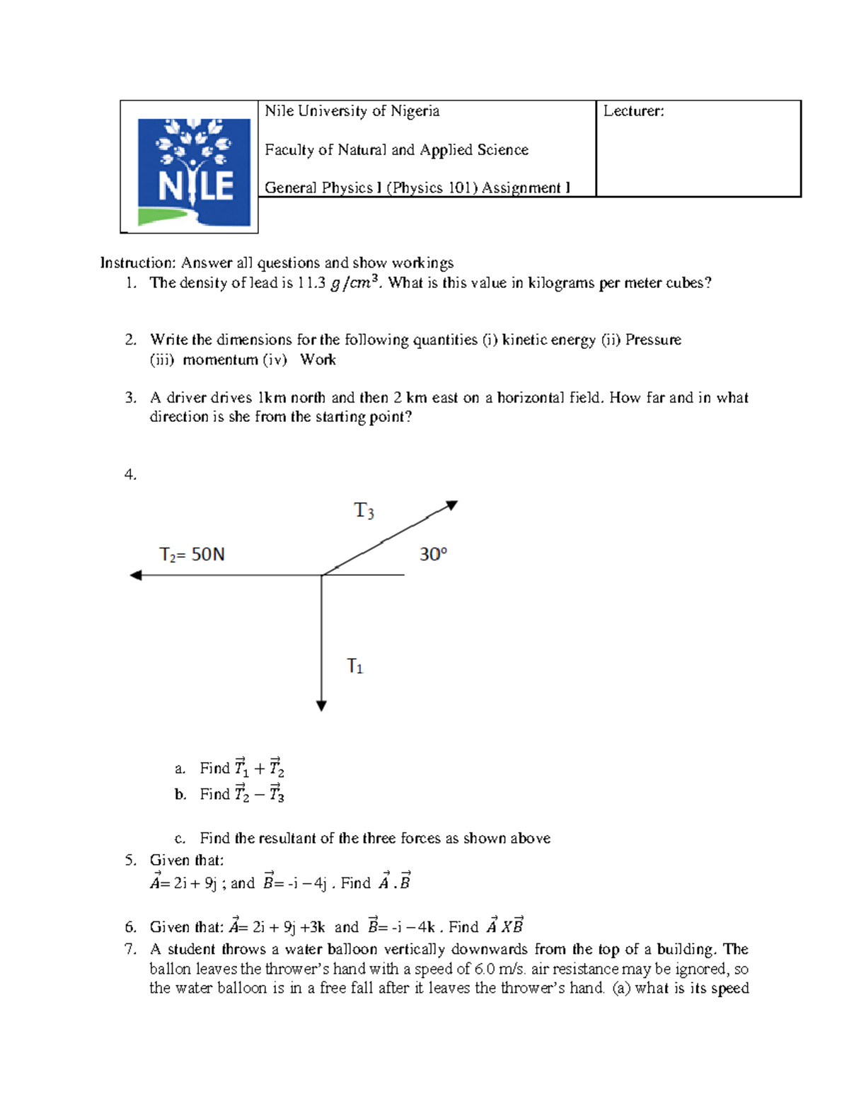 General Physics 101, First Assignment-1 - Nile University of Nigeria ...