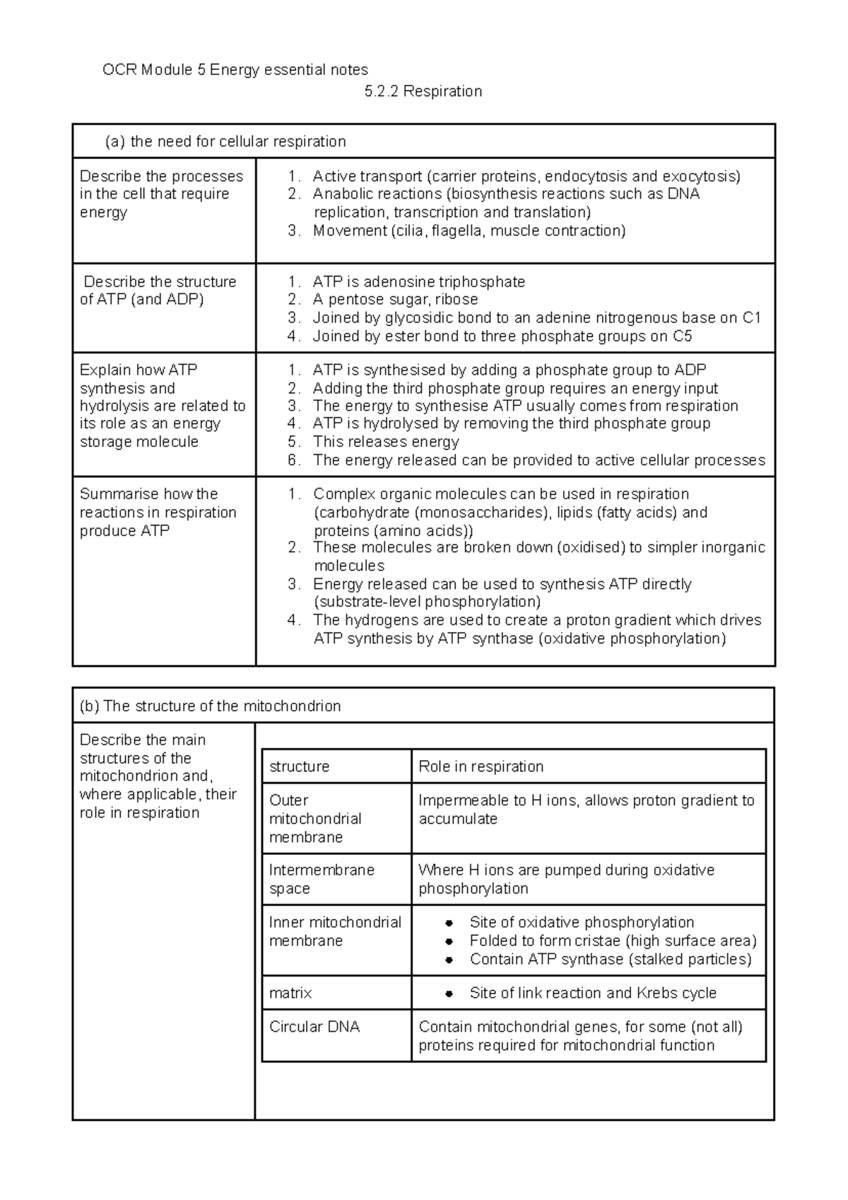 Respiration essential notes - OCR Module 5 Energy essential notes 5.2 ...