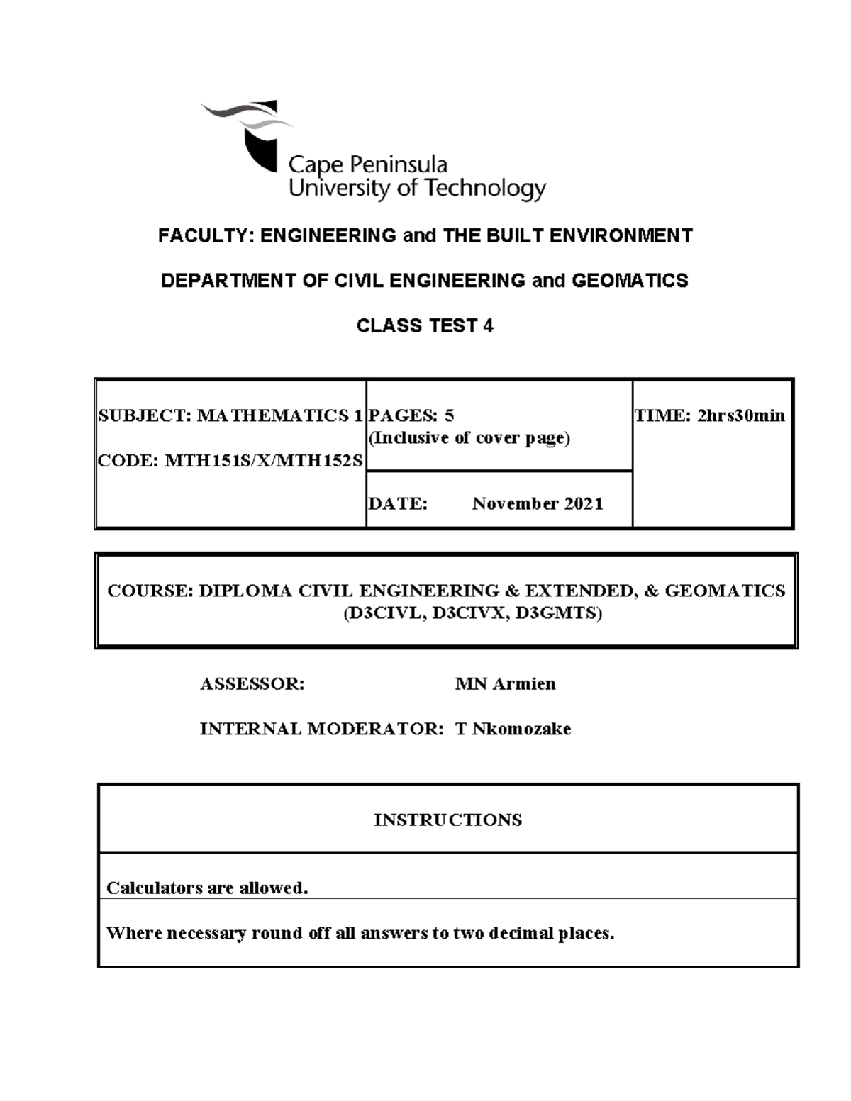 Class Test Nov 2021 - Matrics ,integration work - FACULTY: ENGINEERING ...