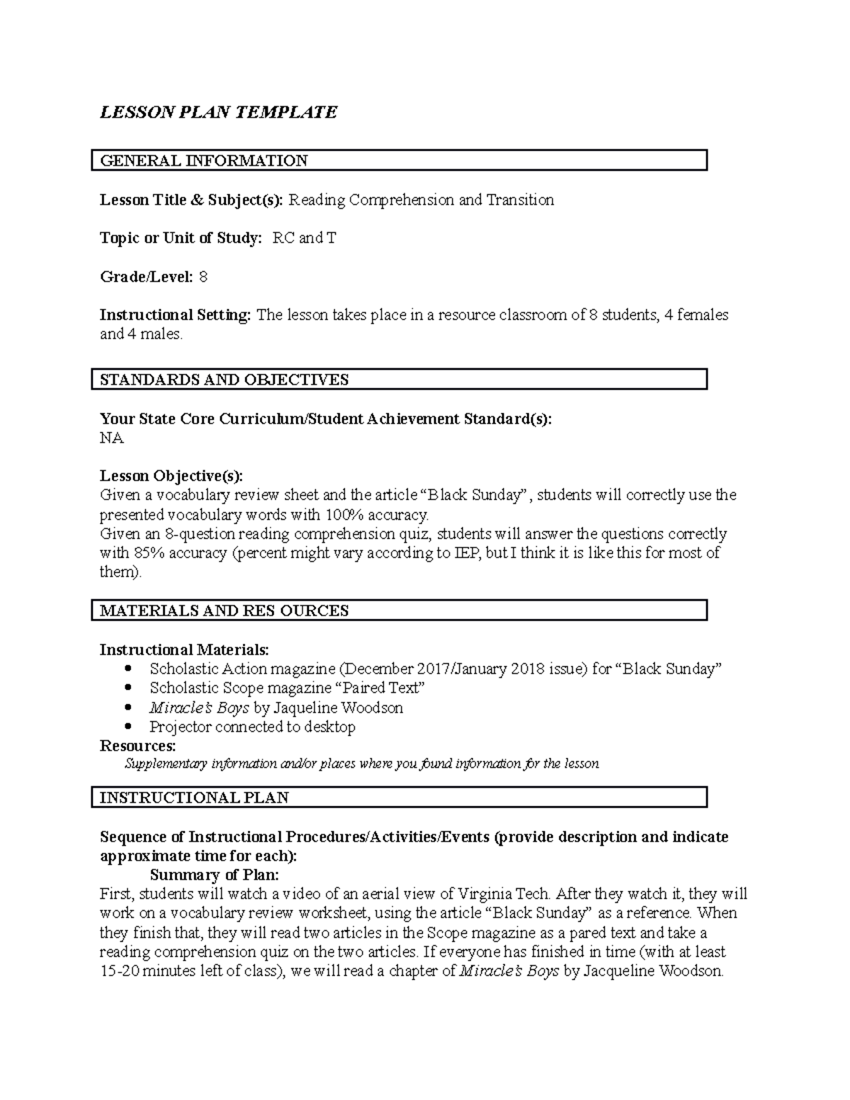 A4 lesson plan 2018 09 28 - LESSON PLAN TEMPLATE GENERAL INFORMATION ...