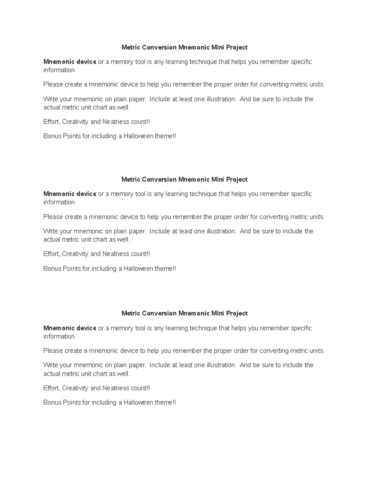 Metric Conversion Mnemonic Mini Project - Metric Conversion Mnemonic ...